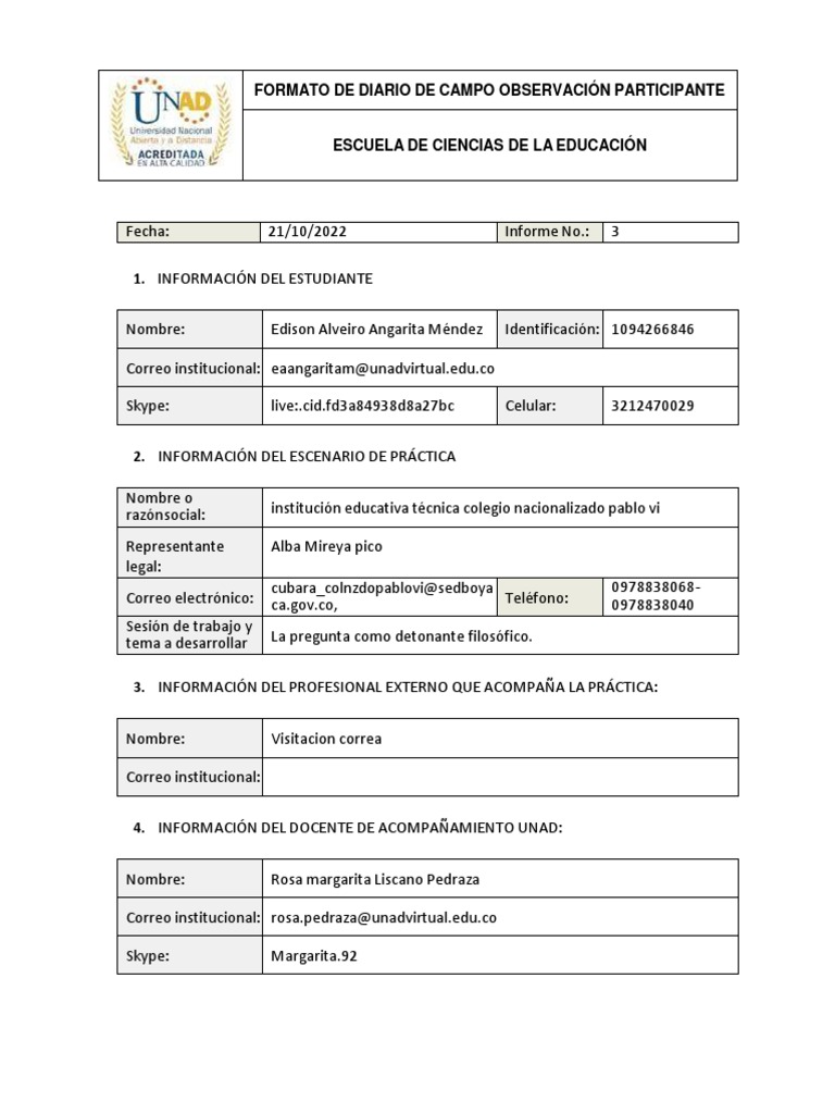 Diario de Observaci N Participante Clase n3 | PDF | Maestros | Observación