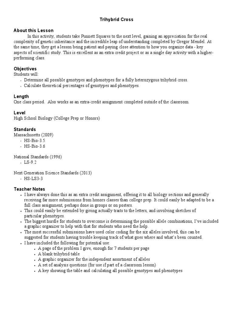 Trihybrid Cross Lesson Plan | PDF | Genotype | Biology