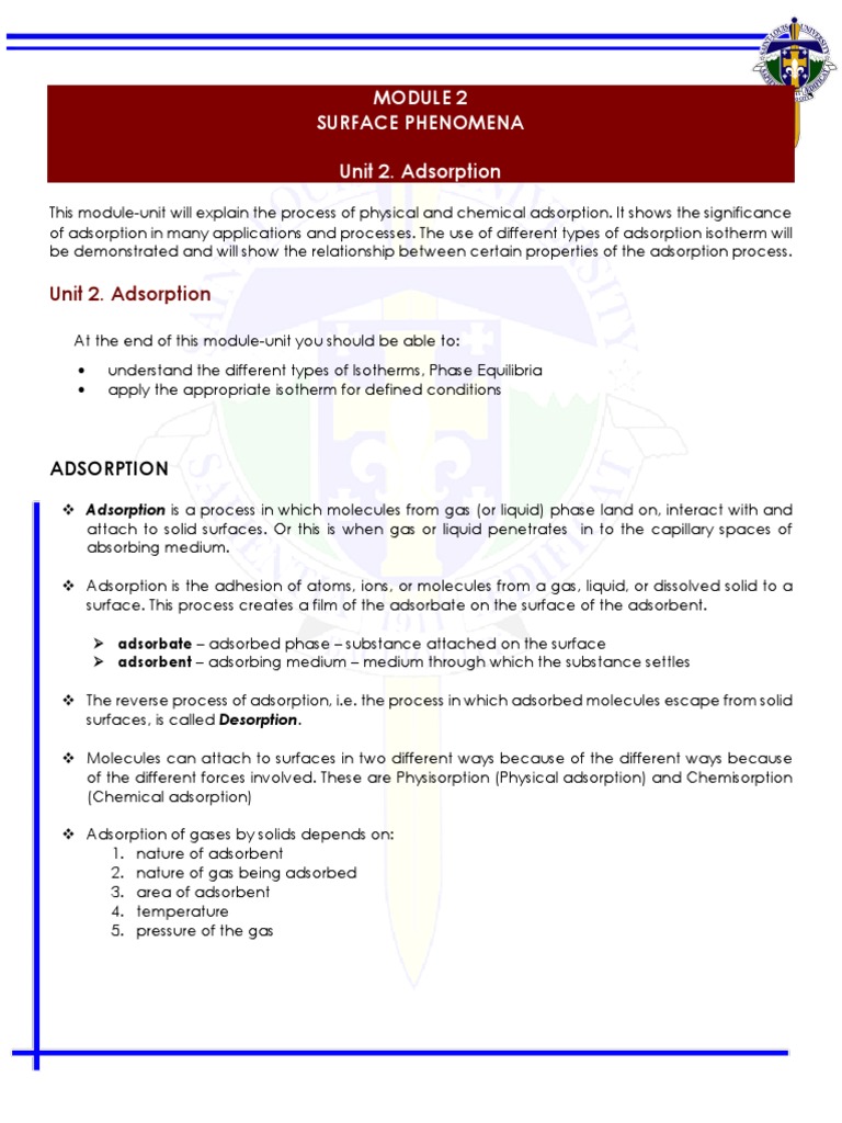CHE 2131 Module 2 Unit 2 | PDF | Adsorption | Gases