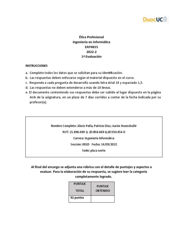 P1 TICA PROFESIONAL - Ingenier A en Inform - Tica EAY4615 2022-2 | PDF | Moralidad | Planificación
