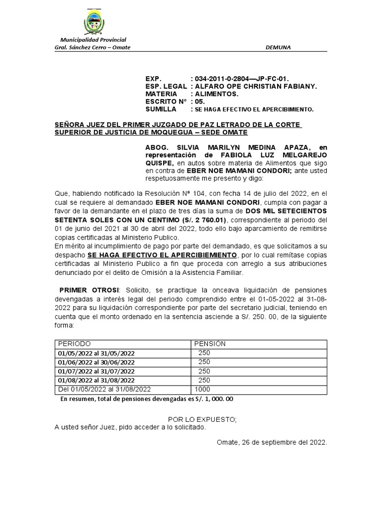 Escrito 05 sSE HAGA EFECTIVO EL APERCIBIMIENTO | PDF | Judicaturas | Justicia