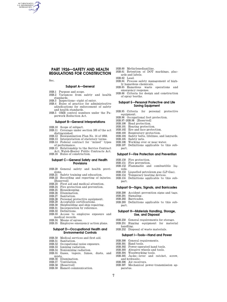 CFR TITLE 29 - Part 1926 - Safety and Health Regulations For ...
