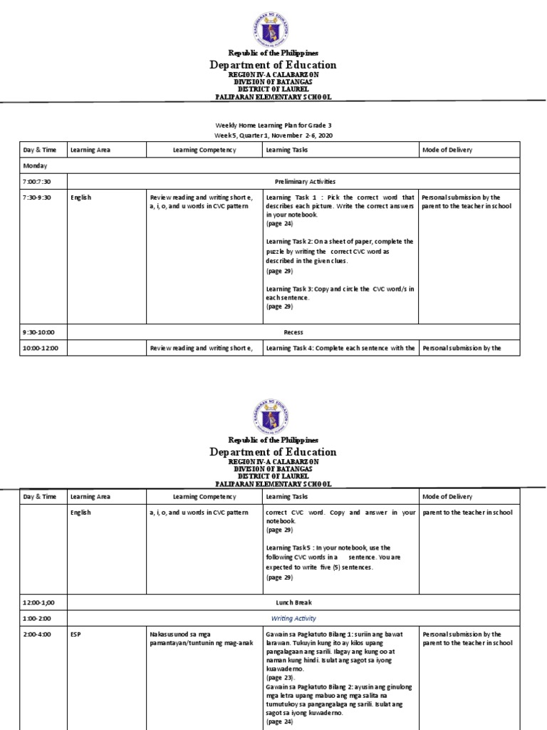 Weekly 5home Learning Plan For Grade 3 | PDF