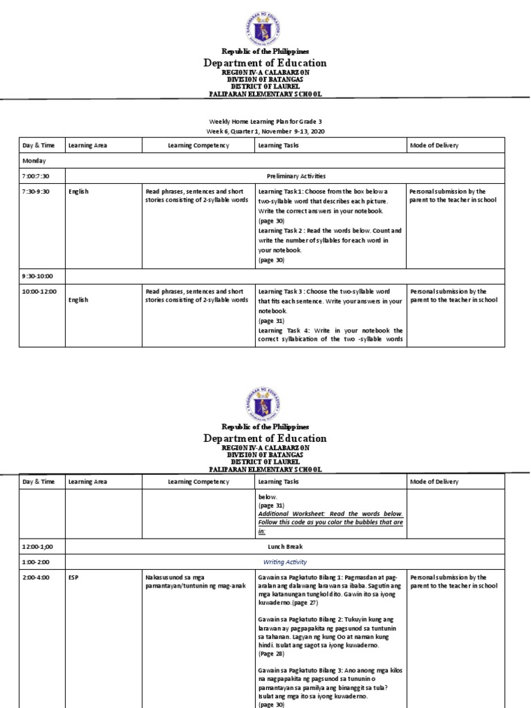 Weekly 6home Learning Plan For Grade 3 | PDF