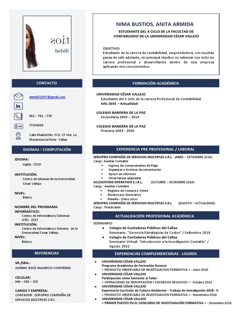 Cv. - Nima Bustios, Anita | Descargar gratis PDF | Contador | Contabilidad