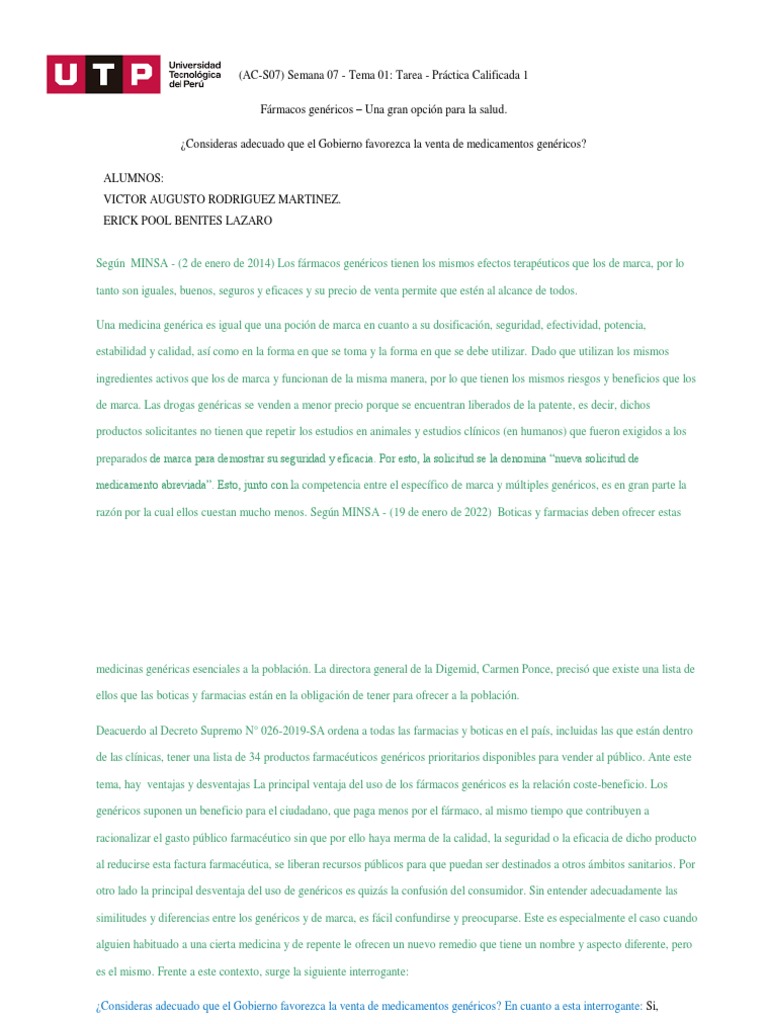 Entrega de La PC1 Texto Argumentativo | PDF | Farmacia | Medicamentos con receta