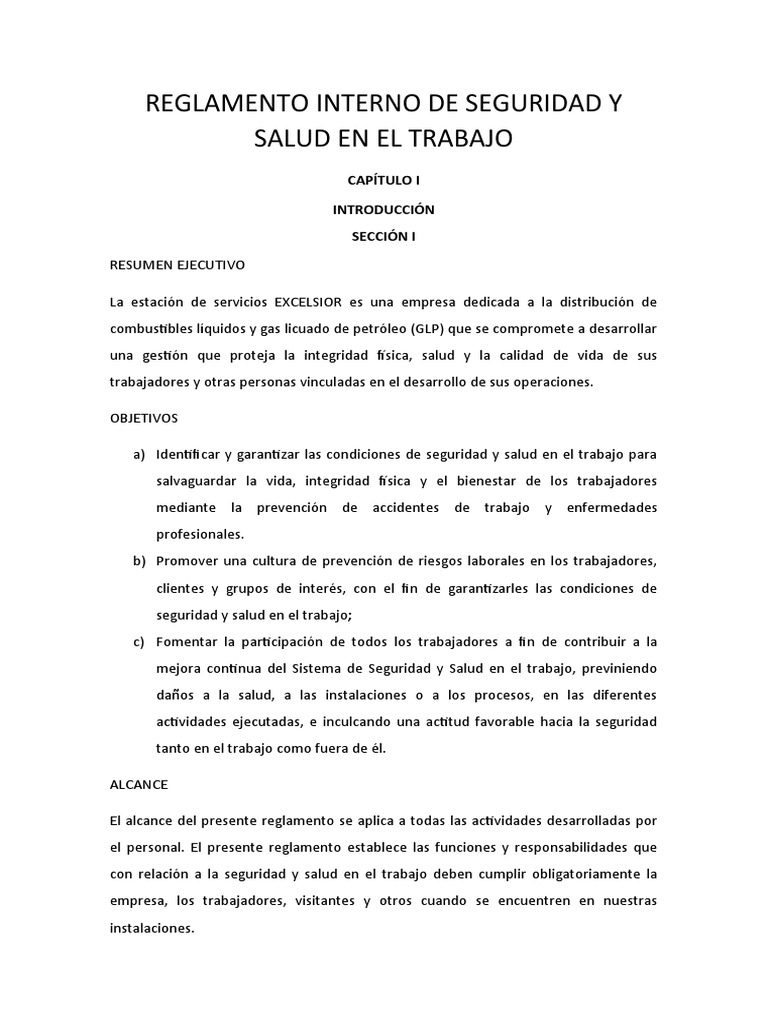 Reglamento Interno de Seguridad y Salud en El Trabajo | PDF | Seguridad y salud ocupacional ...