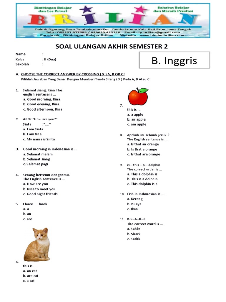 Soal UAS Bahasa Inggris Kelas 2 SD Semester 1 (Ganjil) Dan Kunci Jawaban | PDF