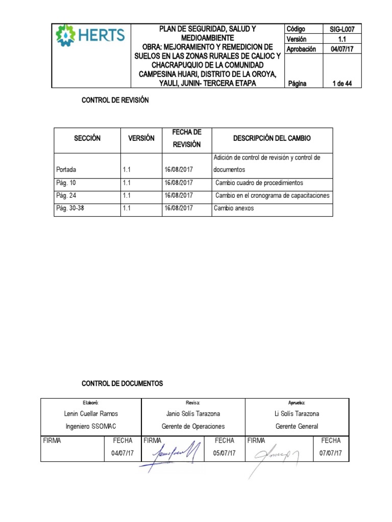 Plan de SSOMA HERTS - V1 | PDF | Seguridad y salud ocupacional | Regulación