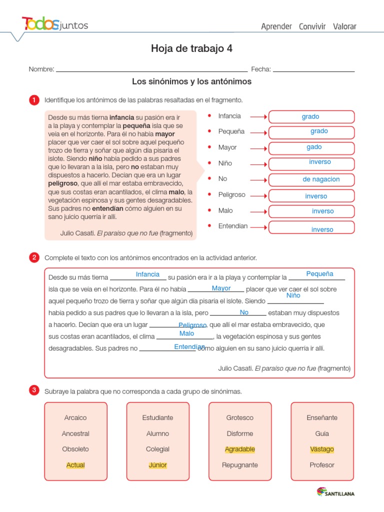 Hoja de Trabajo Sinonimos y Antonimosdeddddddfhgffhf | PDF