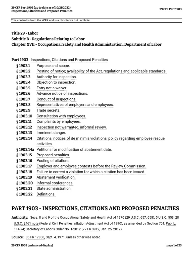 CFR TITLE 29 - Part 1903 - Inspections, Citations, and Proposed ...