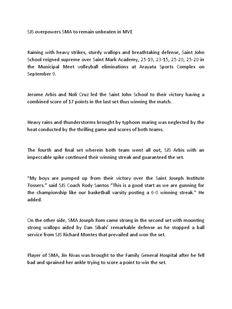 SJS Overpowers SMA To Remain Unbeaten in MVE | PDF