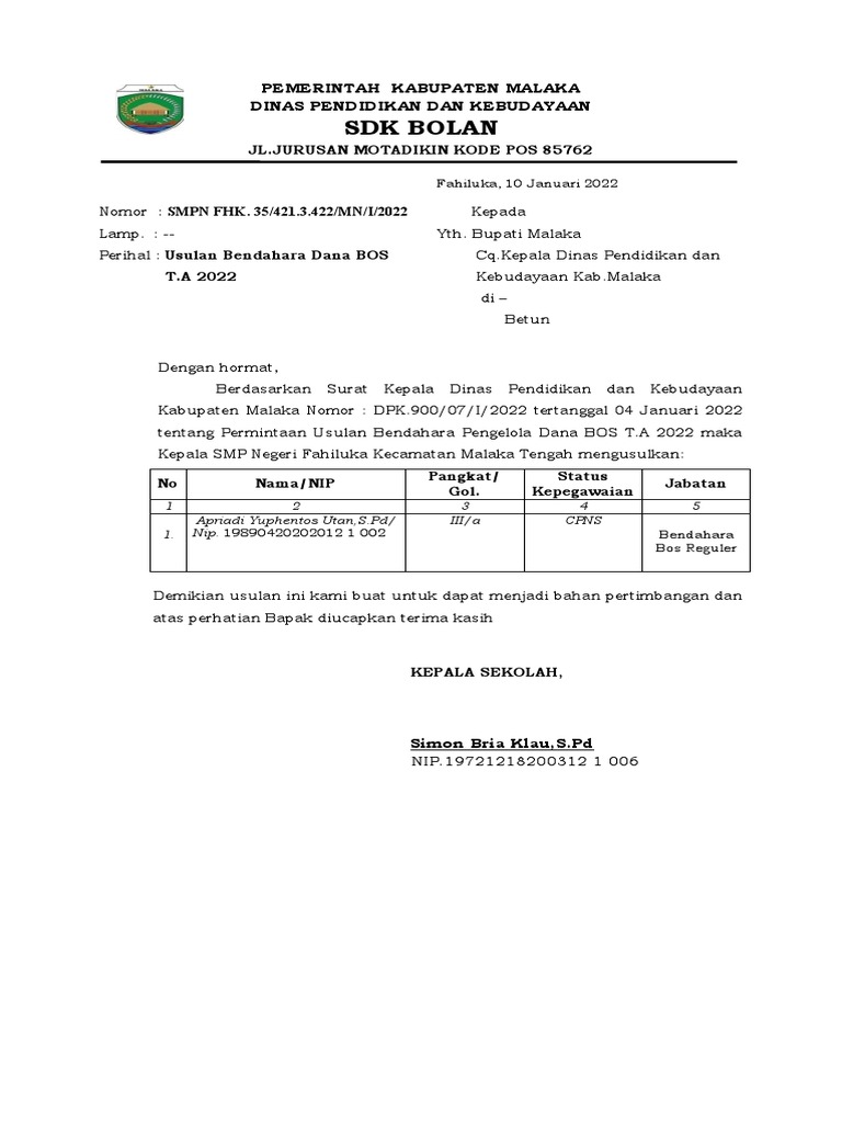Usulan Bendahara Dana BOS 2022 | PDF
