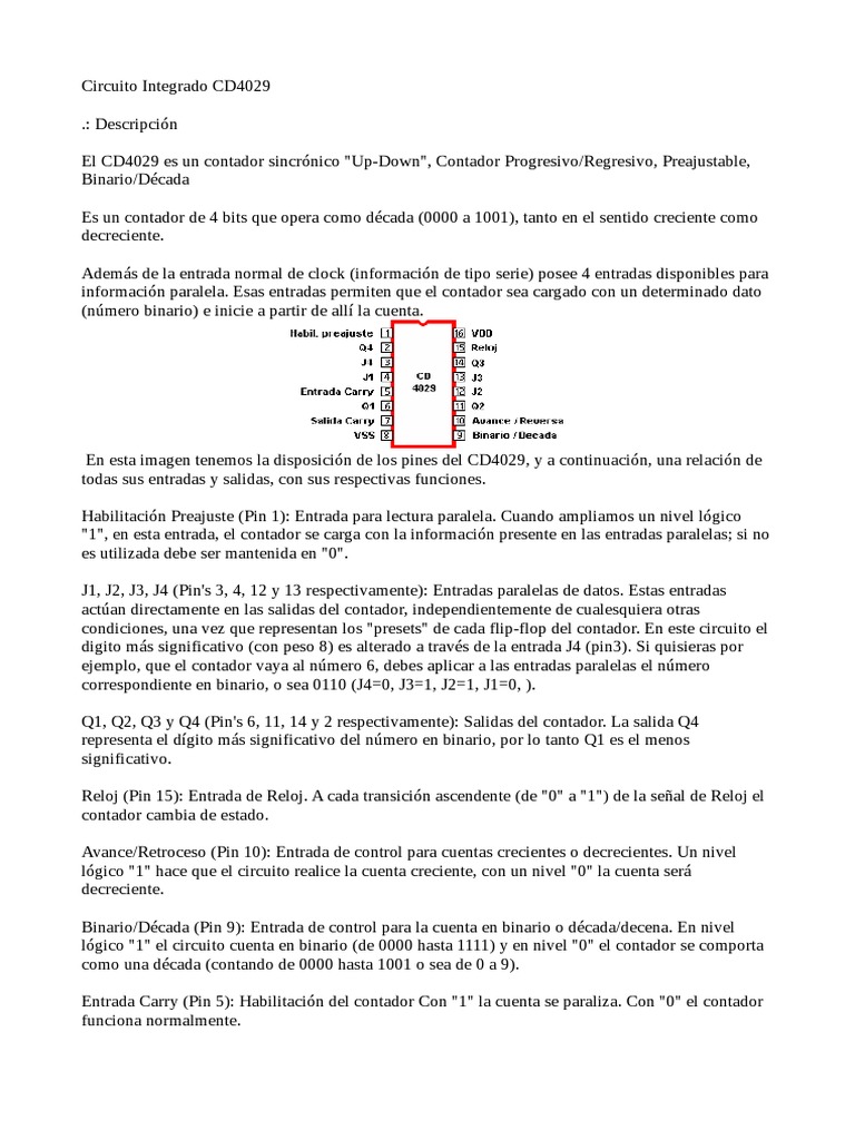 Descripción del contador síncrono CD4029: características, pines, modos de operación y circuito ...