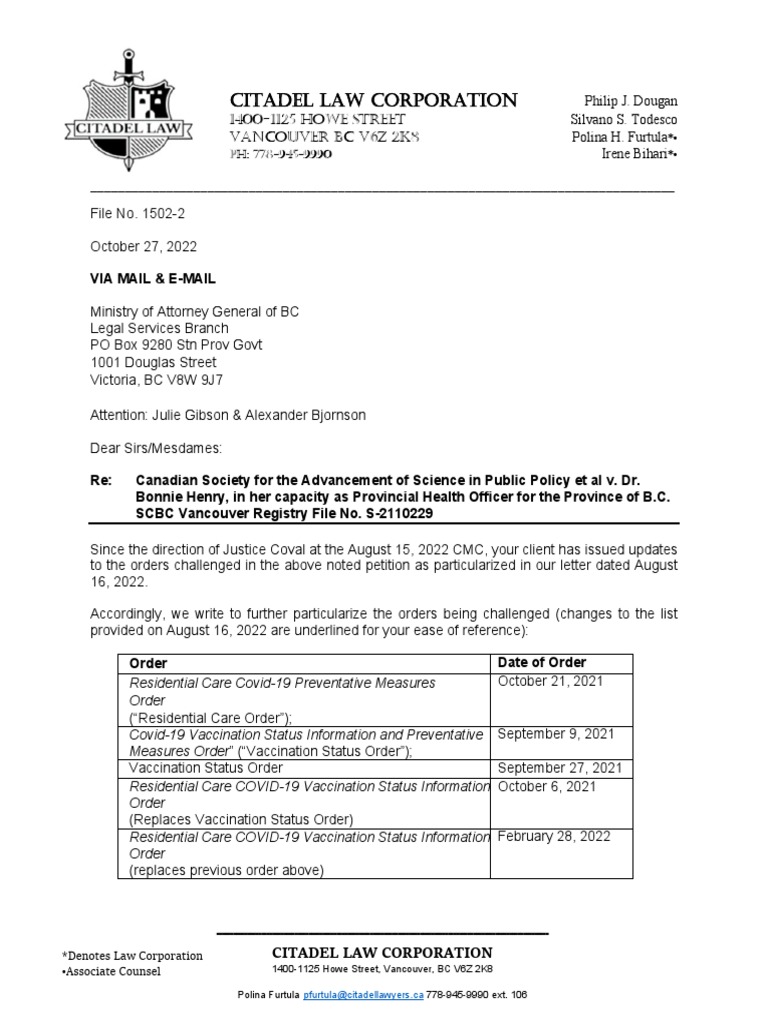 2022-10-27 - Petitioners' Cover Letter For Further Amended Petition ...