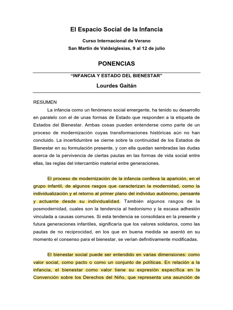 El Espacio Social de La Infancia. Estado de Bienestar de La Infancia | PDF | Familia | Sociedad