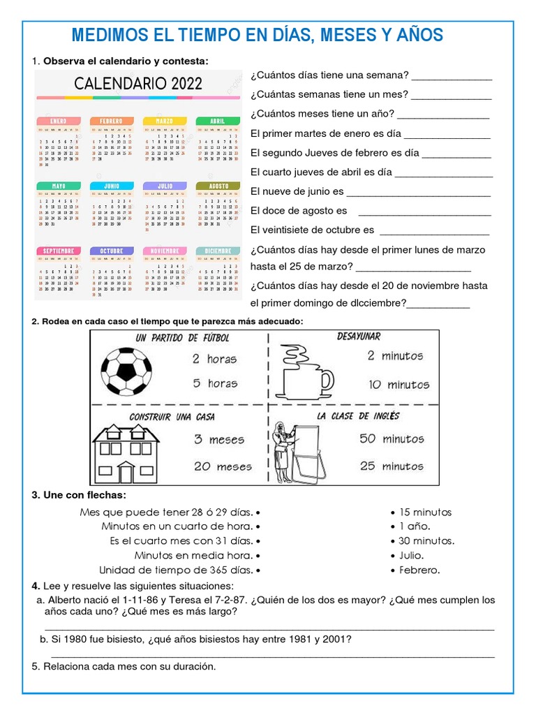 Ficha de Matemática 20-09 Medimos El Tiempo en Días, Meses y Años | PDF ...