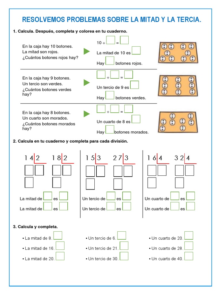 Resolviendo problemas sobre la mitad, la tercia y la cuarta parte | PDF