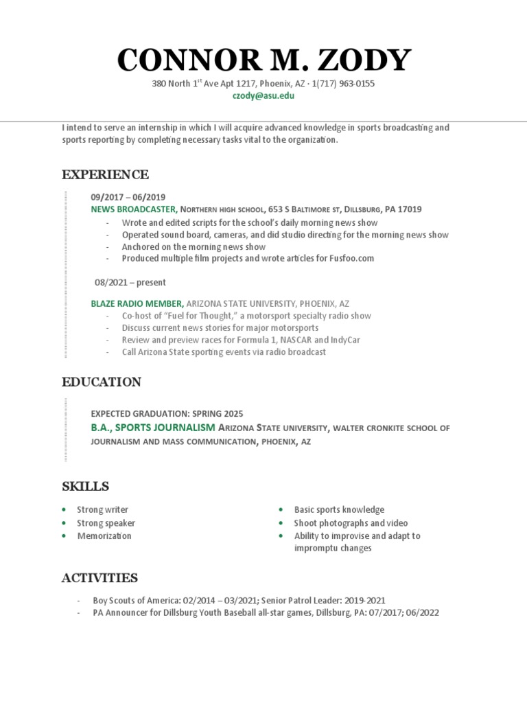 Connor Zody 2022 Resume | PDF