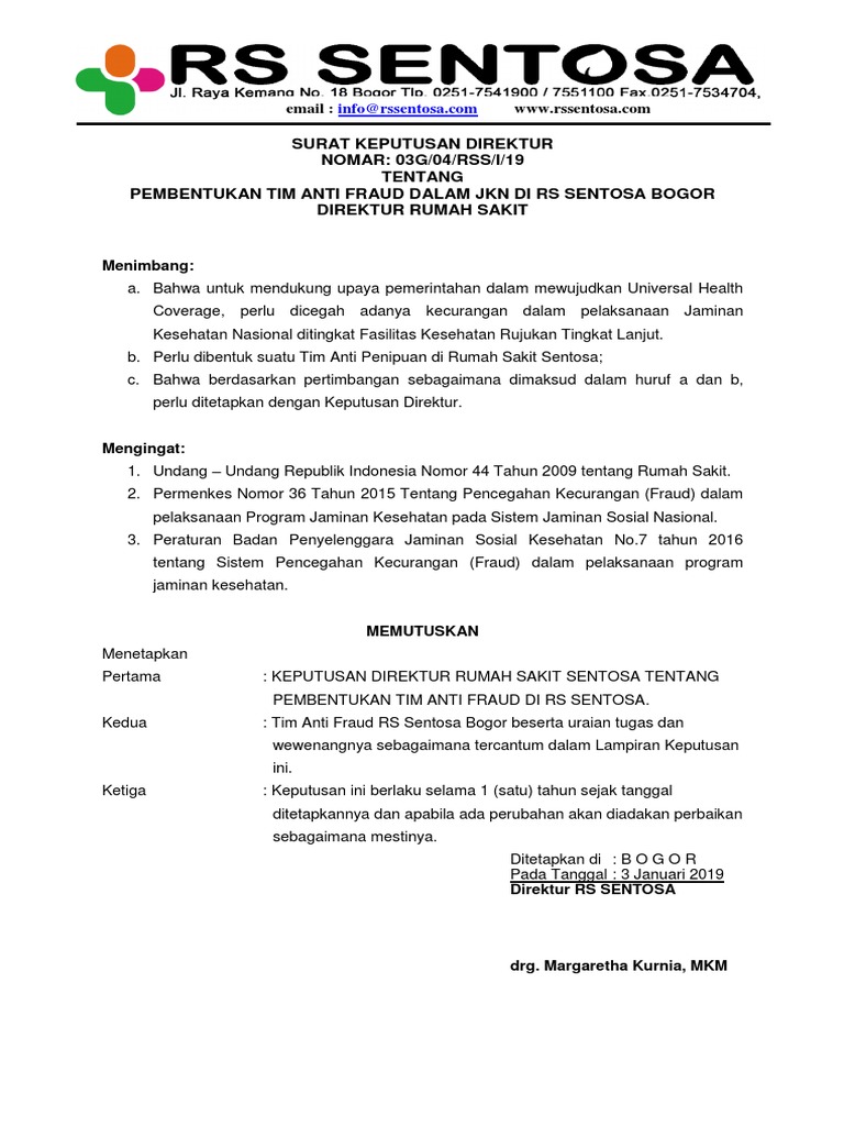 Pembentukan Tim Anti Fraud JKN RS Sentosa | PDF | Pengelolaan Keuangan ...