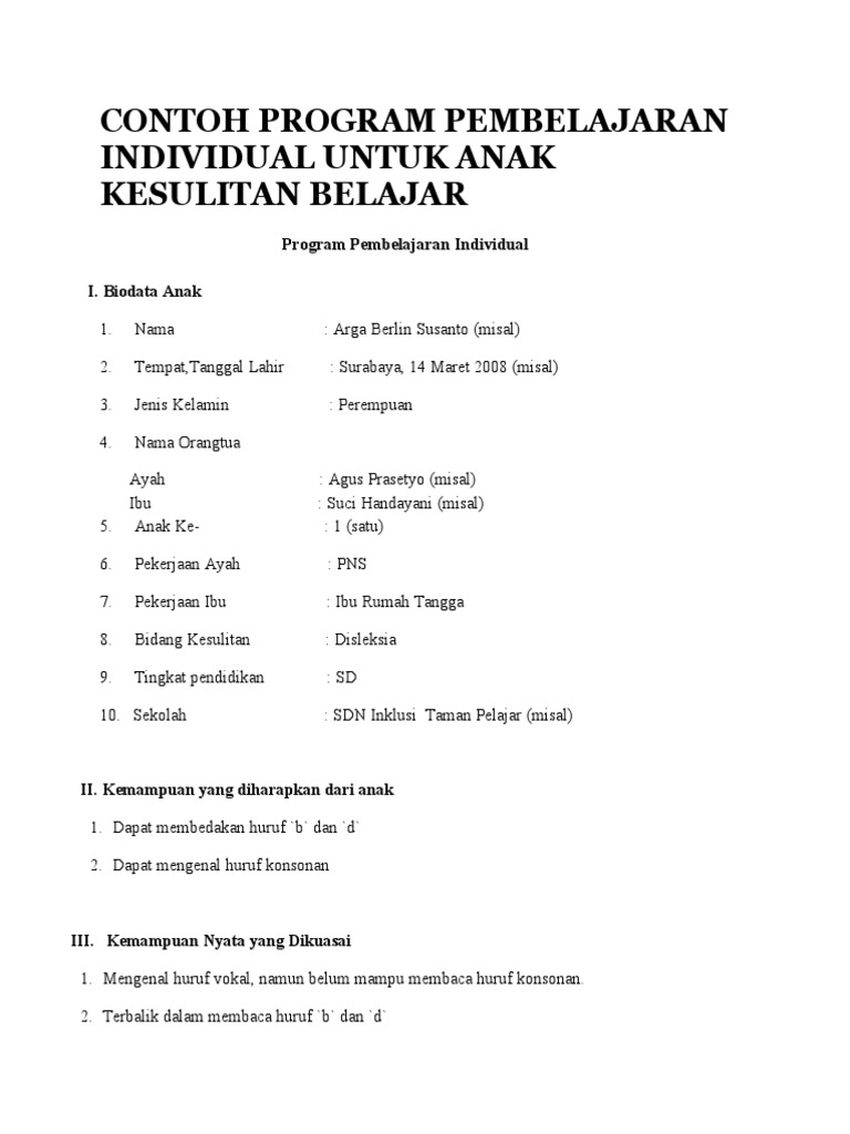 Contoh Program Pembelajaran Individual Untuk Anak Kesulitan Belajar | PDF