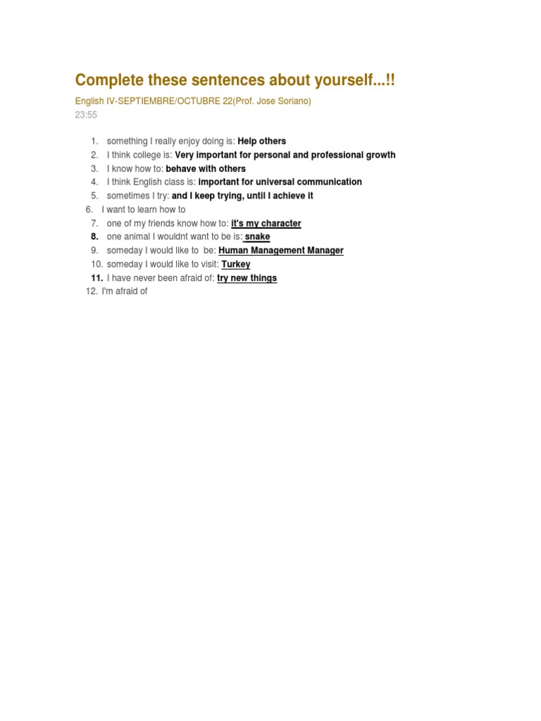 Complete These Sentences About Yourself | PDF