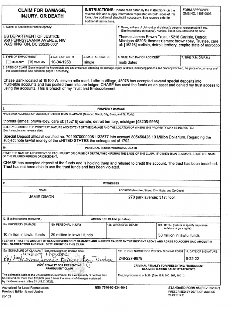 SF95 Claim Chase Bank | PDF