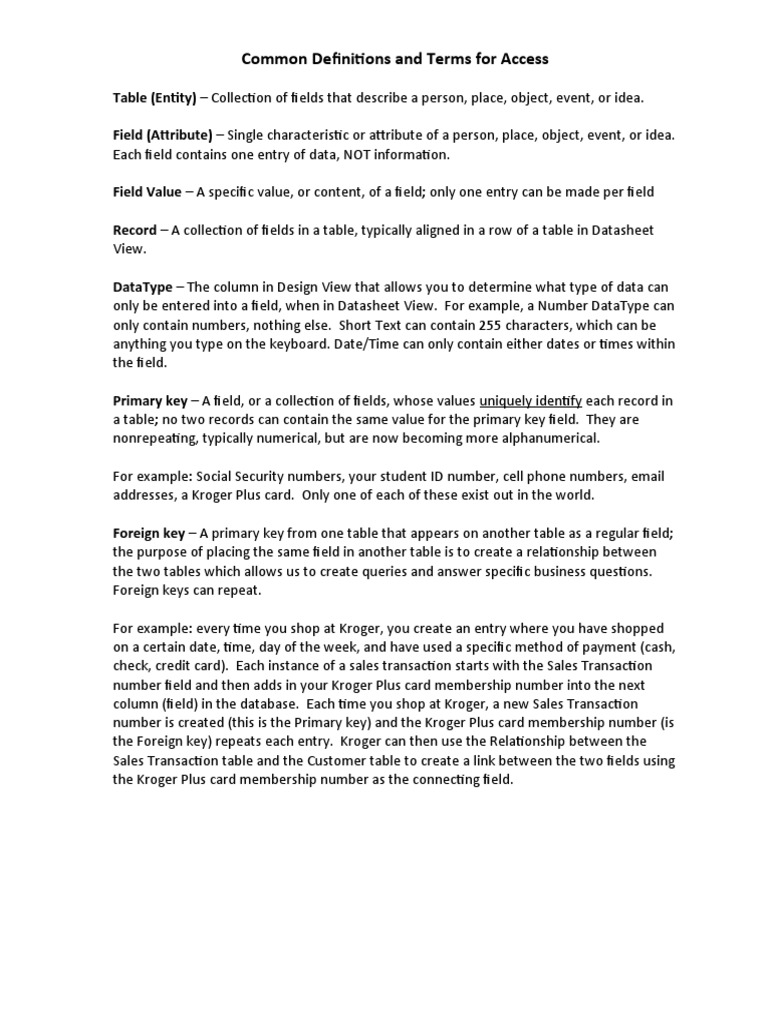 Common Definitions and Terms For Access | PDF | Table (Database ...