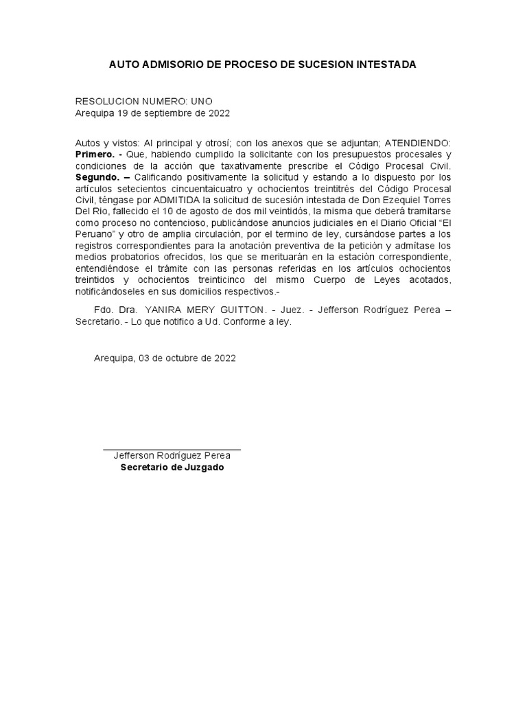 Auto Admisorio de Proceso de Sucesion Intestada | PDF