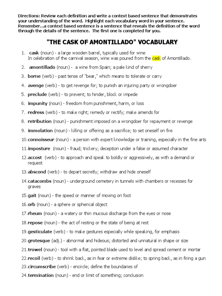 Cask of Amontillado Vocab Worksheet | PDF | Barrel