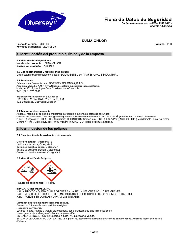 SDS Suma Chlor | PDF | Agua | Higiene Ocupacional