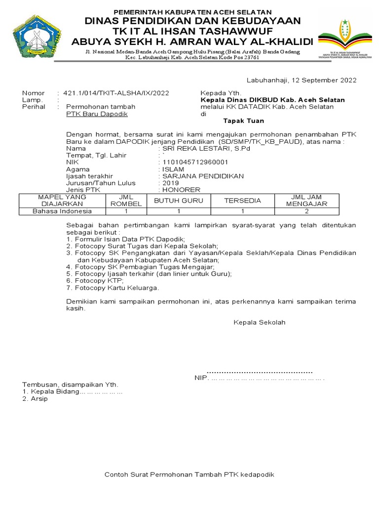 Contoh Surat Permohonan Tambah PTK Ke DAPODIK Dan Surat Tugas | PDF