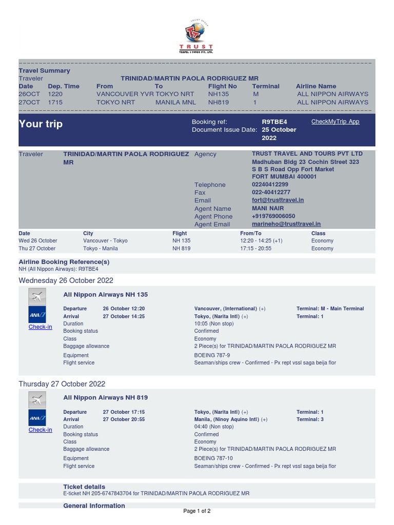 Travel Itinerary and Documentation for Trinidad/Martin Paola Rodriguez MR's Flights from ...