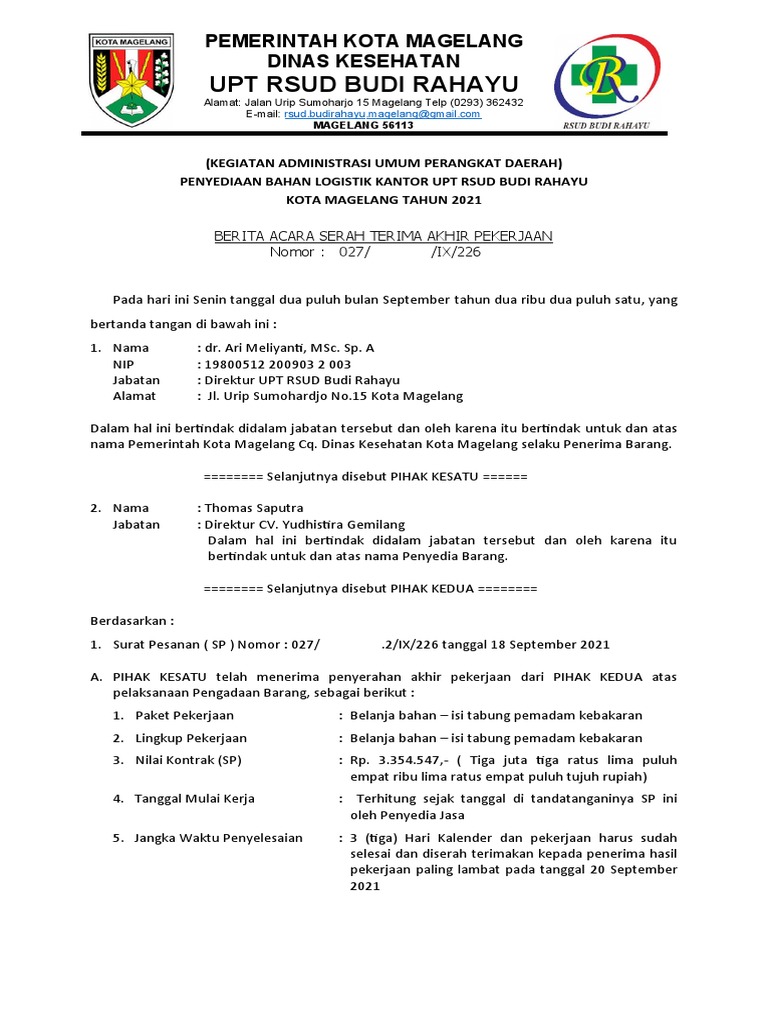 Serah Terima Logistik RSUD Budi Rahayu | PDF