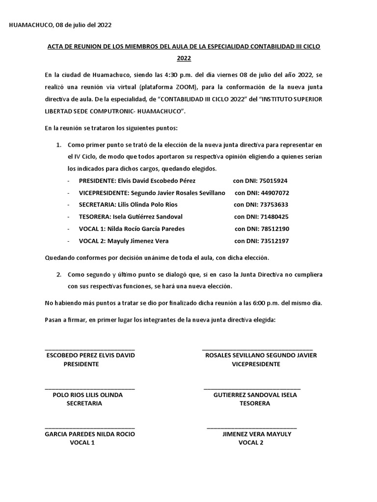 Acta de Eleccion de La Nueva Junta Directiva. | PDF