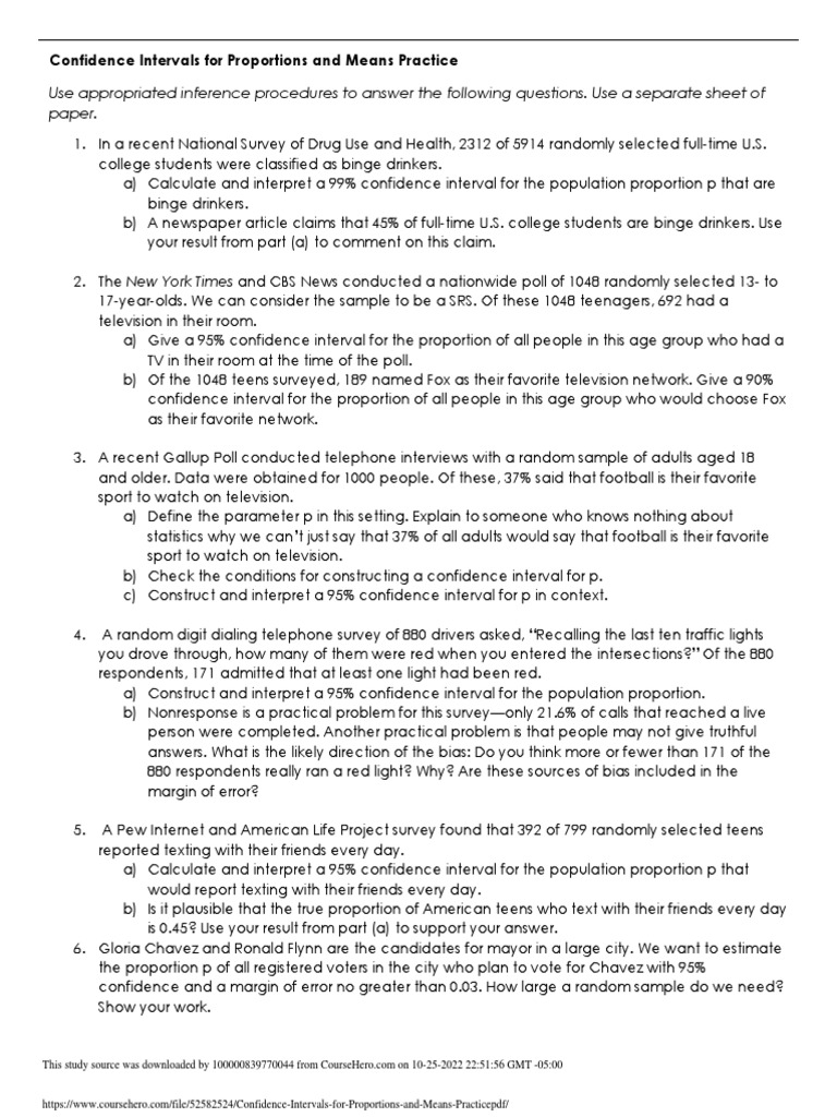 Confidence Intervals For Proportions and Means Practice PDF | PDF ...