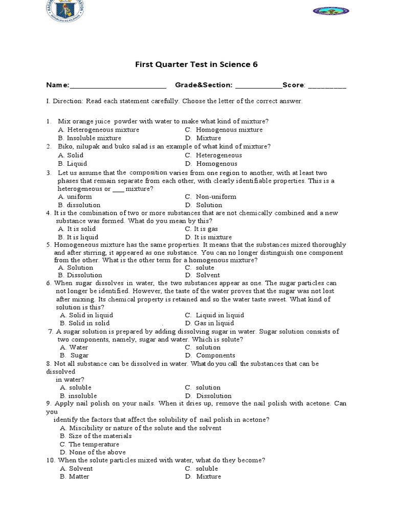 Science Test Review | PDF | Mixture | Solubility