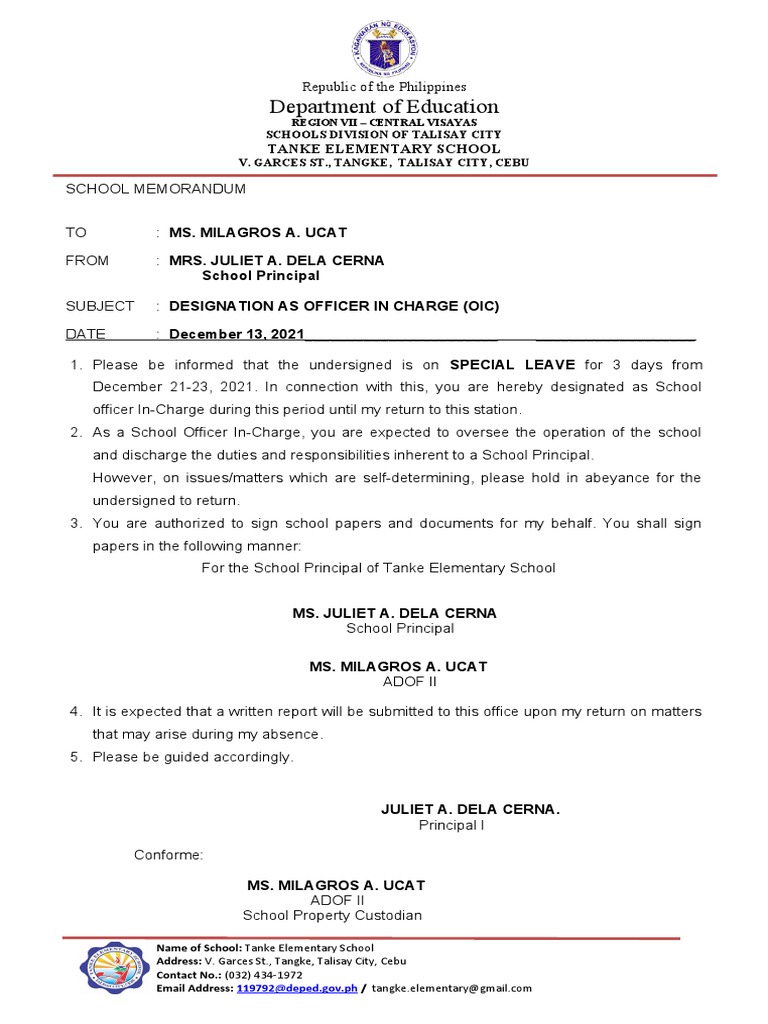 OIC Designation at Tanke Elementary School | PDF | Government