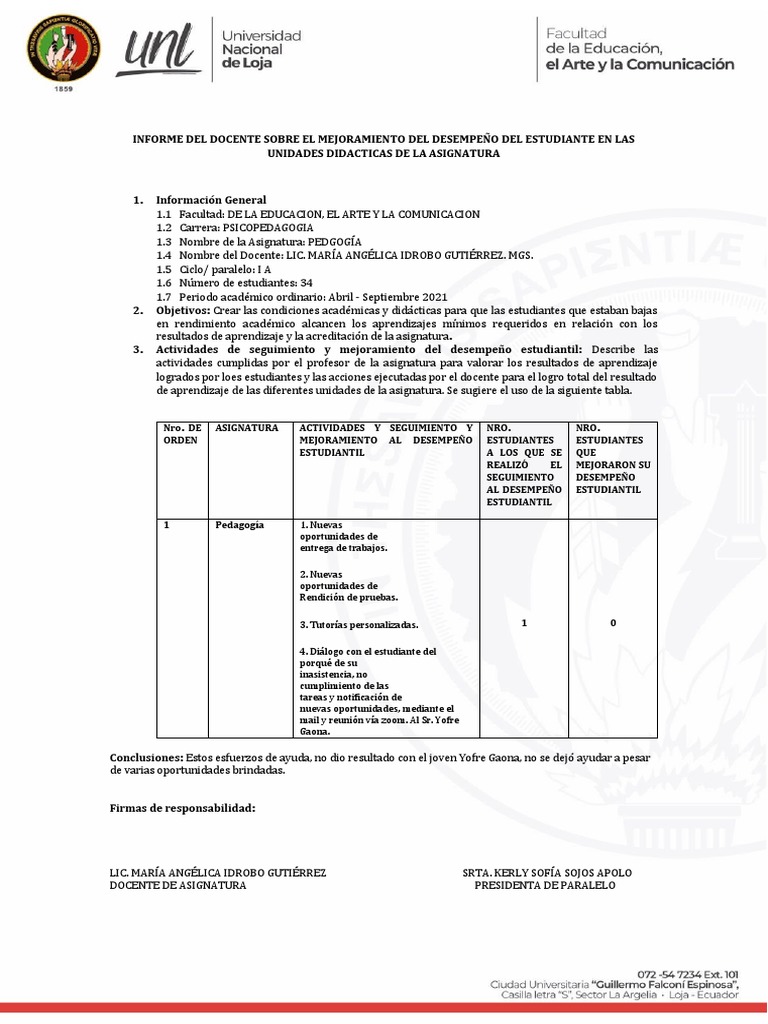 INFORME DEL DOCENTE SOBRE EL MEJORAMIENTO DEL DESEMPE+æO DEL ESTUDIANTE EN LAS UNIDADES ...