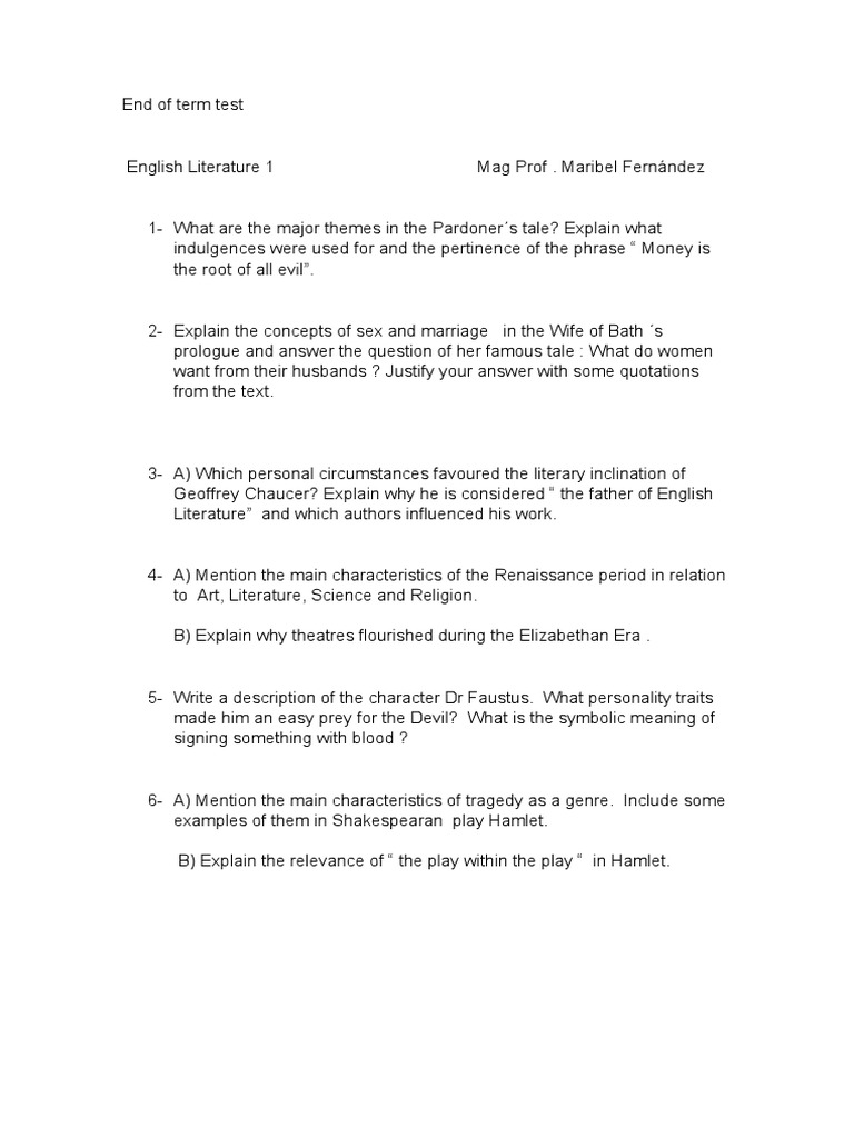End of Term Test - Docx Literature 1 | PDF