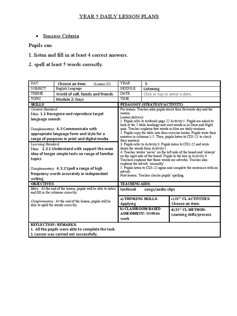 Year 5 Daily Lesson Plans Success Criteria Pupils Can 1. Listen and ...