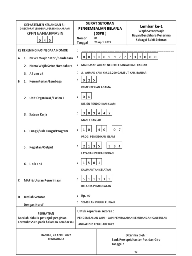 Surat Setoran SSPB 134 MAN 3 Banjar | PDF