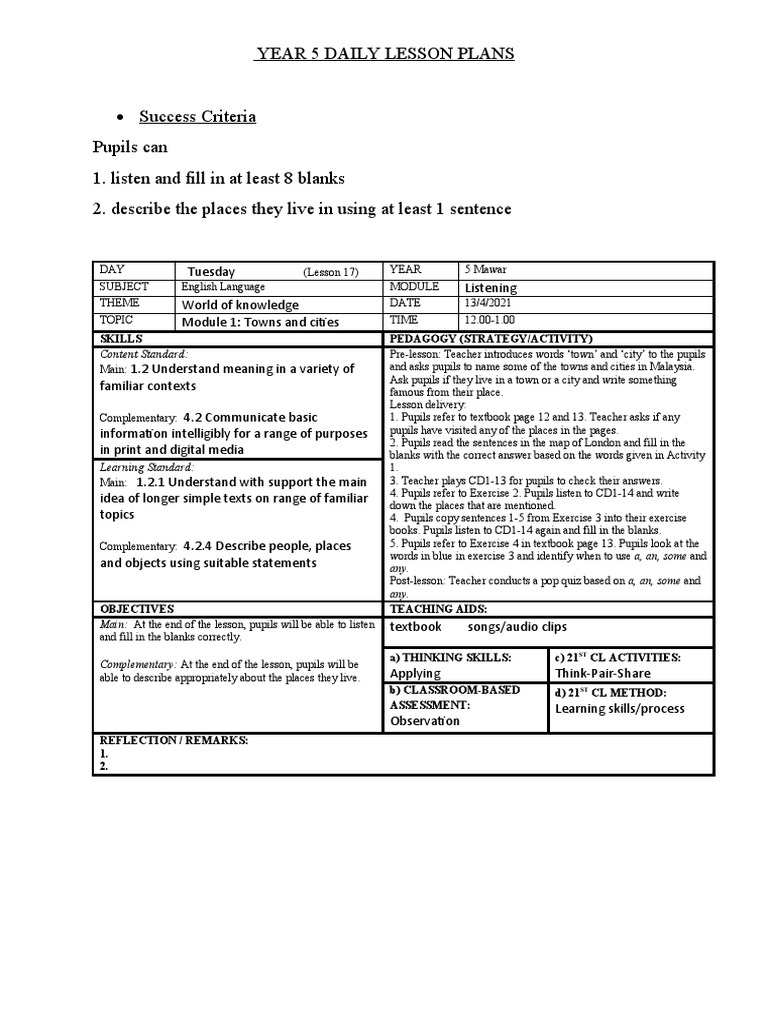 Y5 e L17 - L21 (M1) | PDF | Lesson Plan | Teachers