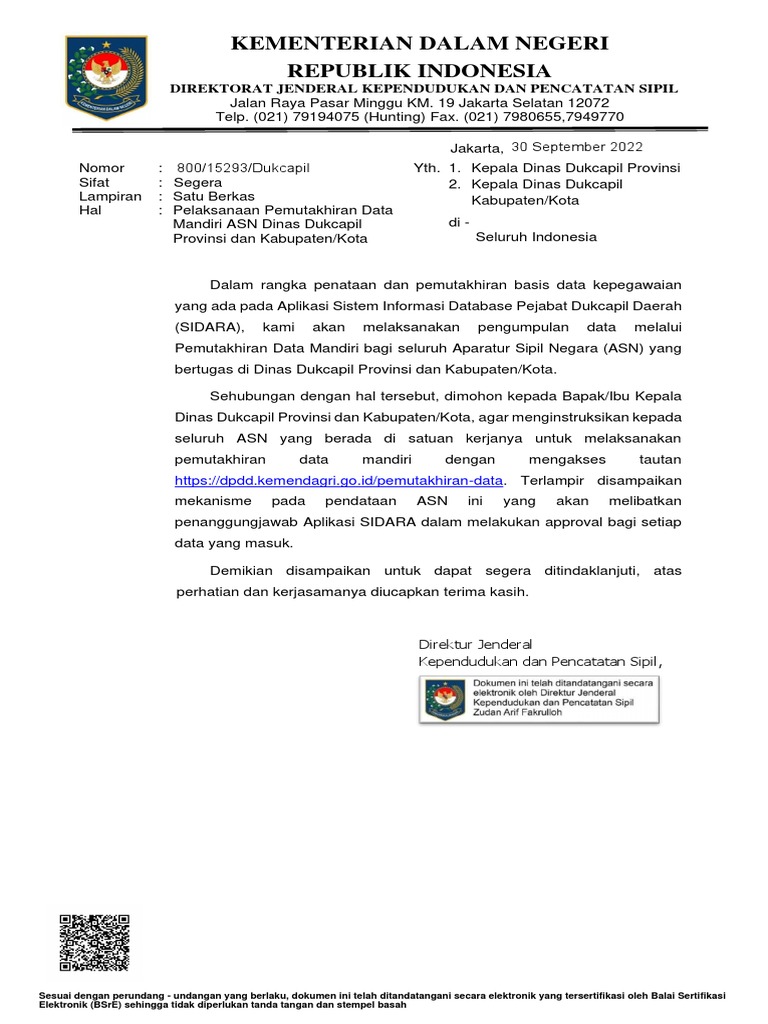 Surat Pelaksanaan Pemutakhiran Data Mandiri ASN Dinas Dukcapil Tte | PDF