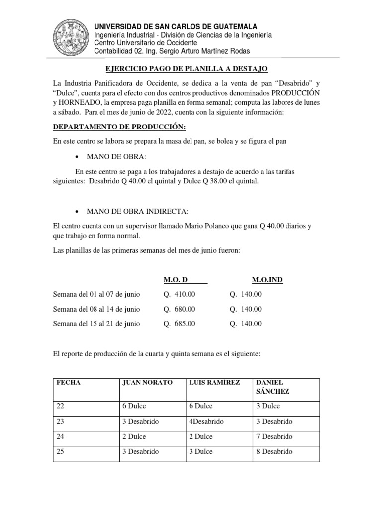 Ejercicio Planilla A Destajo | PDF | Economias