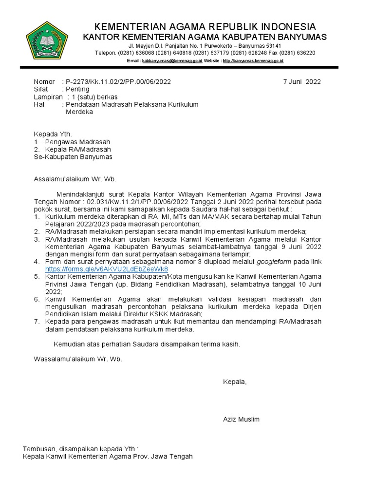 Surat Dan Isian Form Implementasi Kurikulum Merdeka | PDF