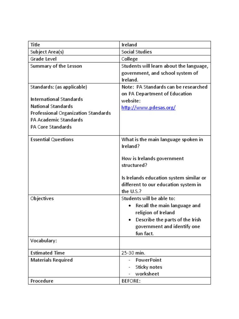 Ireland Lesson Plan | PDF | Cognition | Learning