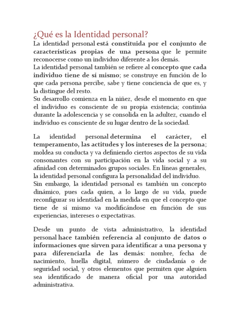 Identidad Personal: Concepto y Desarrollo | PDF