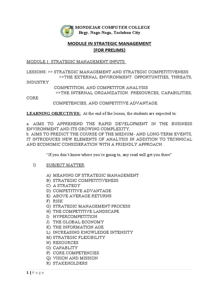 Strategic Management (Prelims) | PDF | Strategic Management | Competitive Advantage