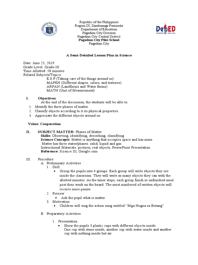 Lesson Plan in Science MATTER | PDF | Matter | Lesson Plan